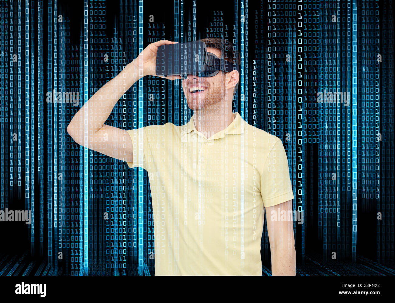 happy man in virtual reality headset or 3d glasses Stock Photo - Alamy