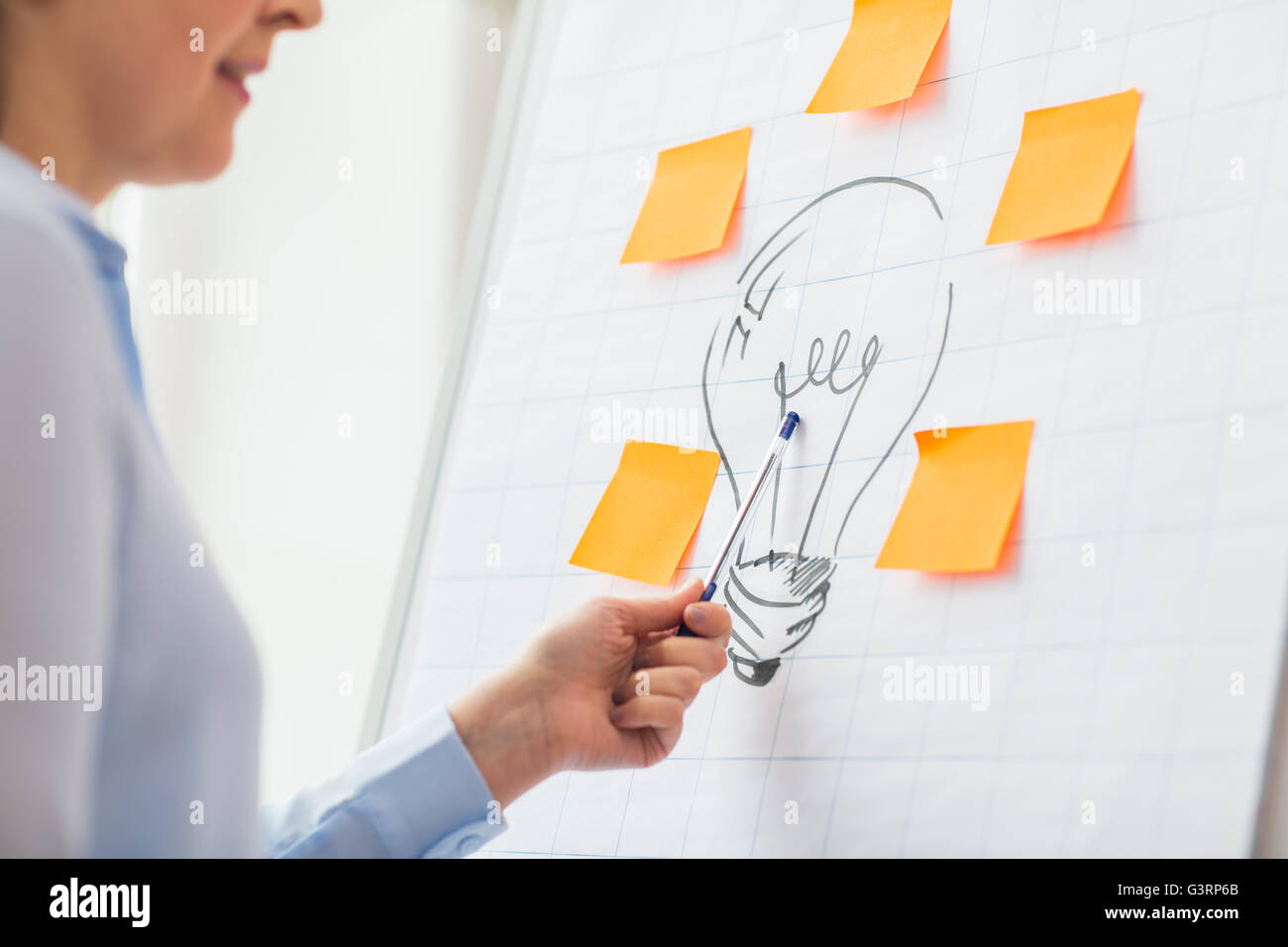 close up of woman pointing to light bulb drawing Stock Photo - Alamy