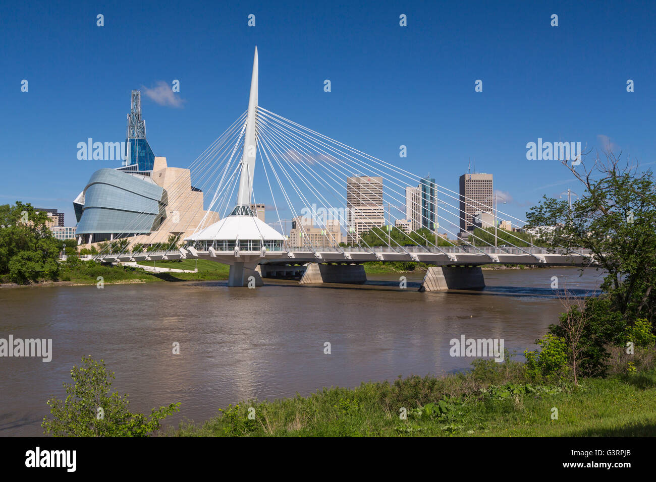 The city skyline, Red River and Provencher Bridge in Winnipeg, Manitoba ...