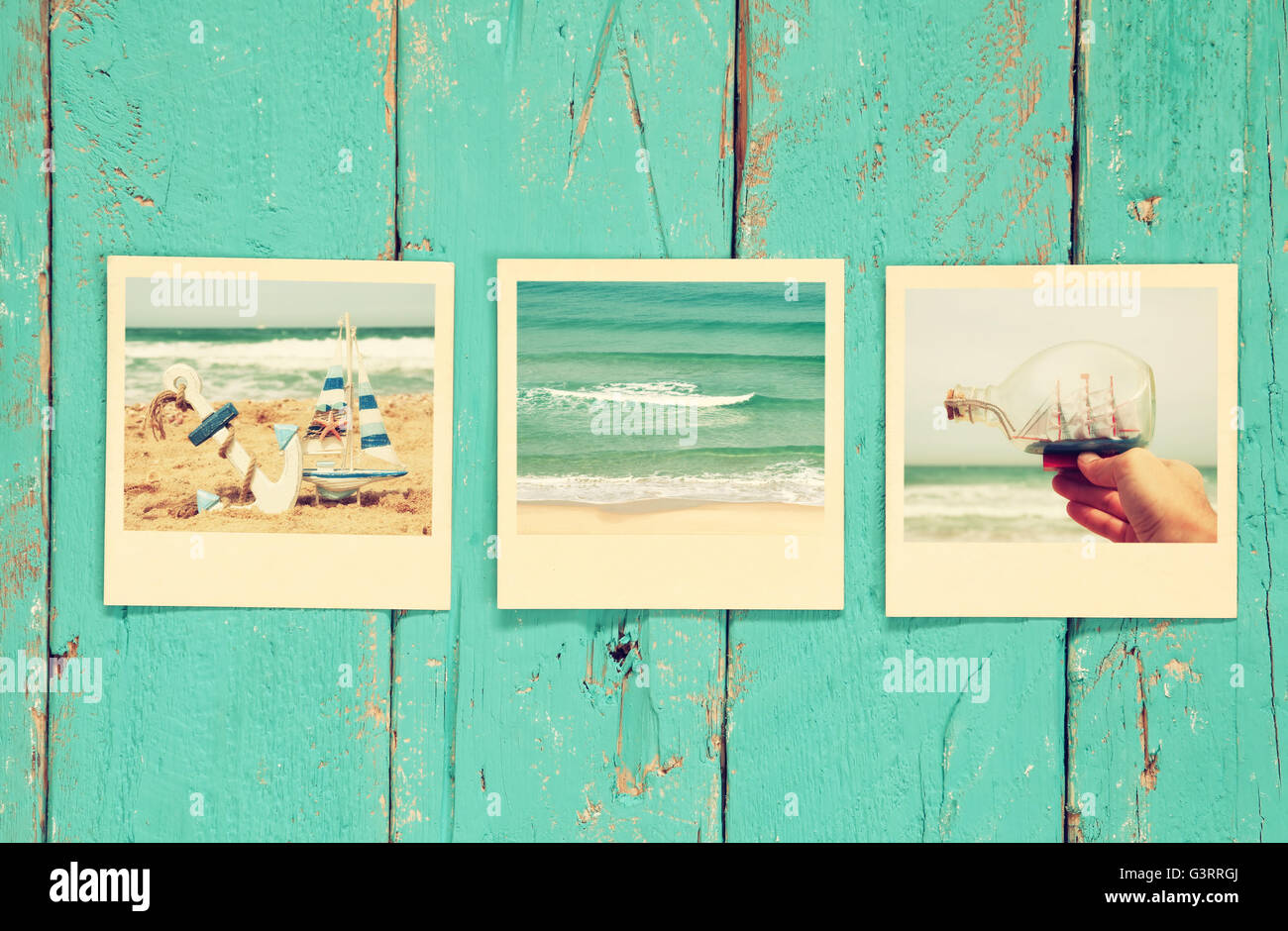 top view of instant polaroid photos album on wooden blue background ...