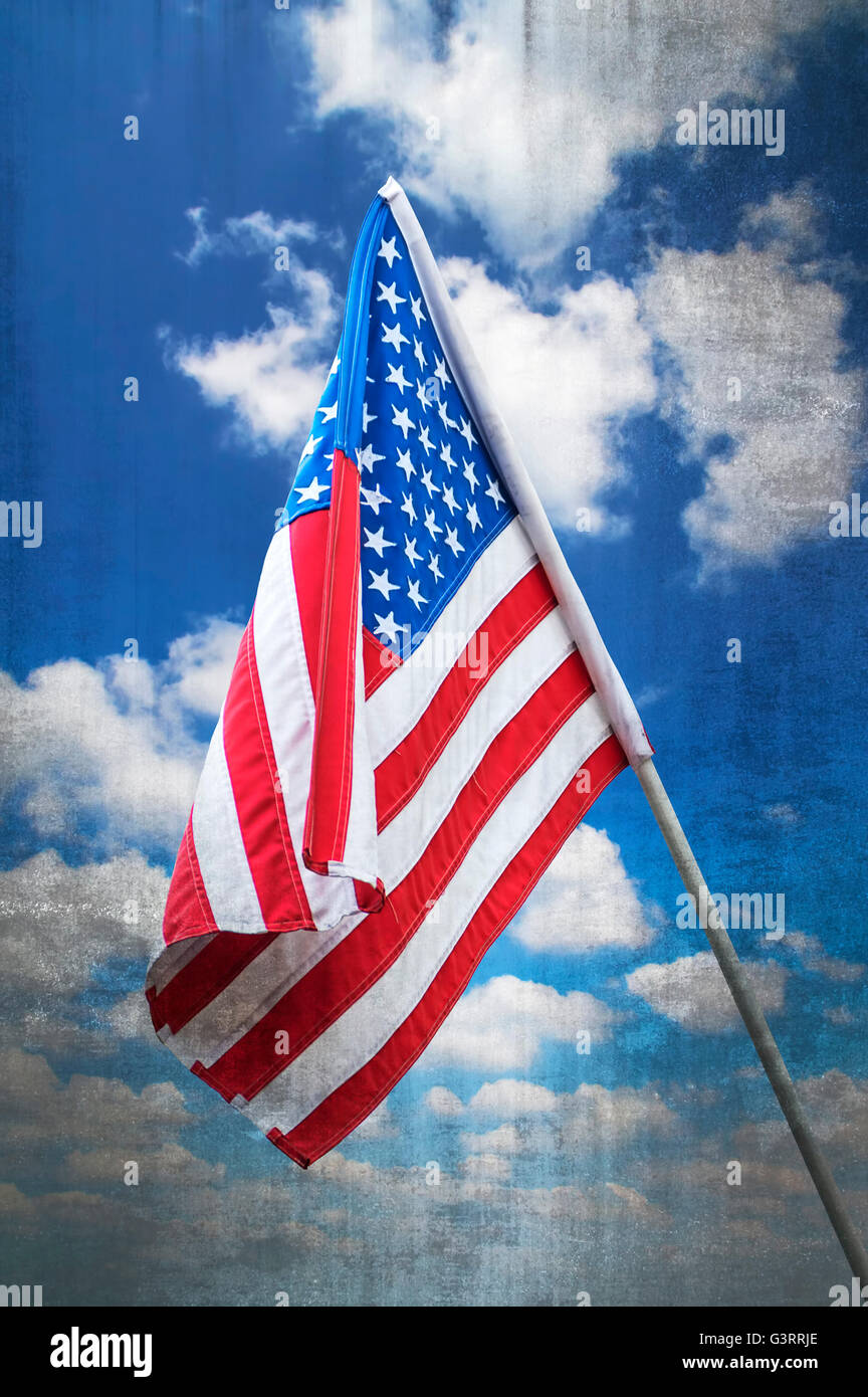 American flag on the vintage blue sky. Selective focus Stock Photo - Alamy