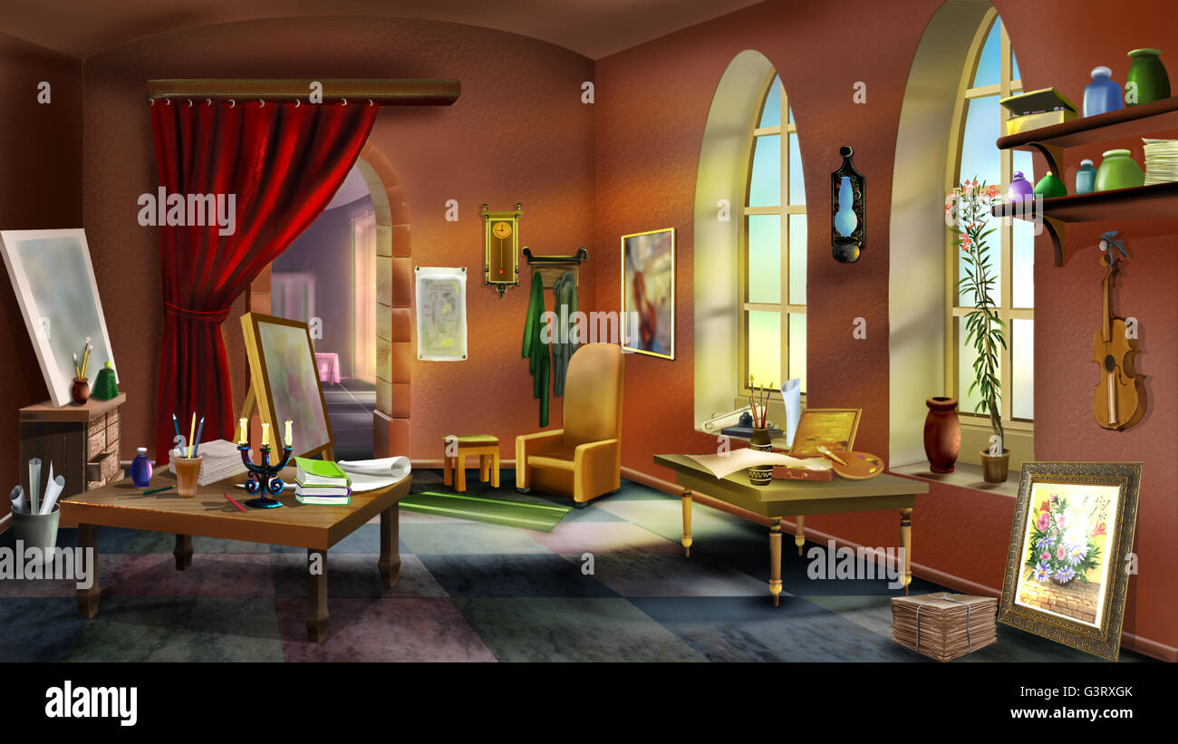 inside the artist's studio. Digital Painting in Realistic Cartoon Style ...