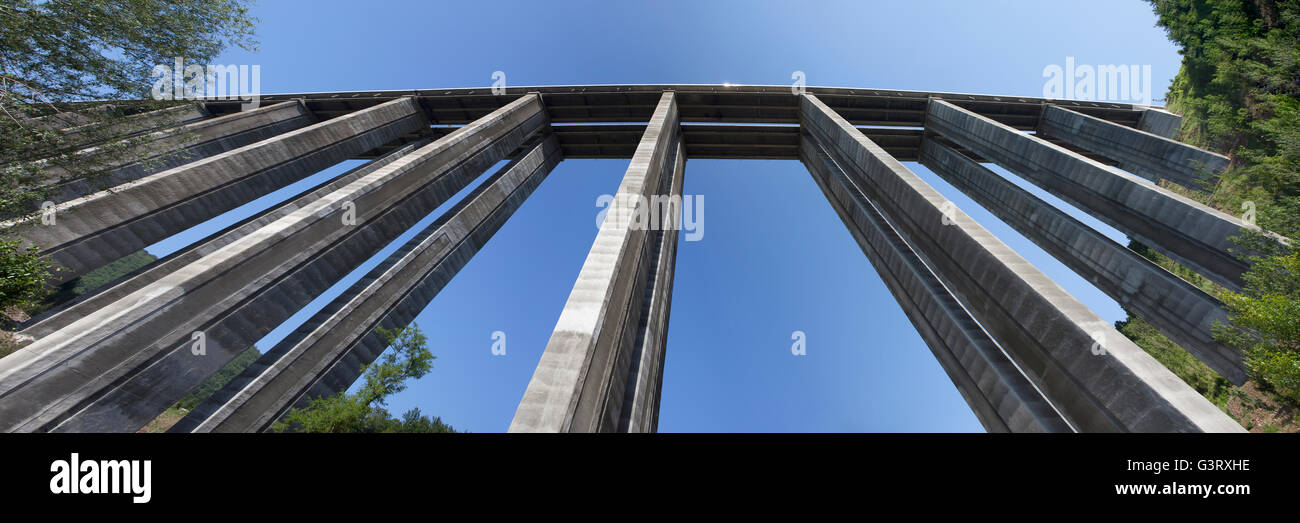 Panorama image of a very high and strong highway bridge built between ...