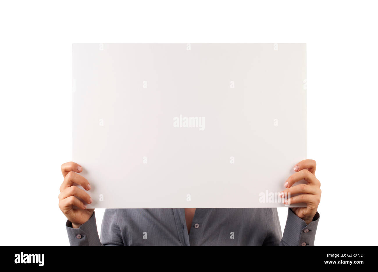 businesswoman holding white empty sign for your own text, advertisement ...