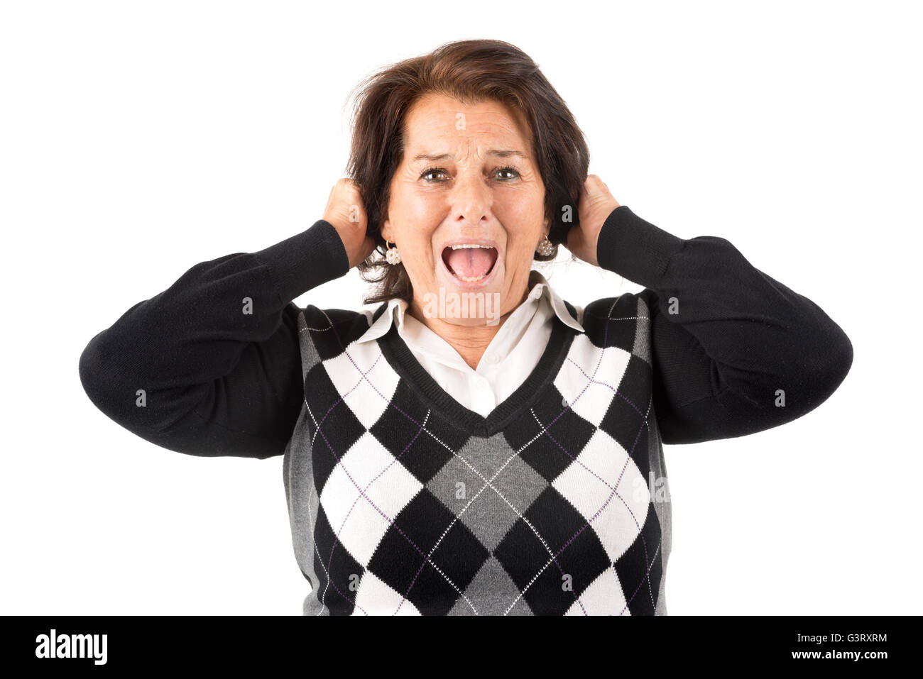 Desperate senior woman isolated in a white background Stock Photo - Alamy