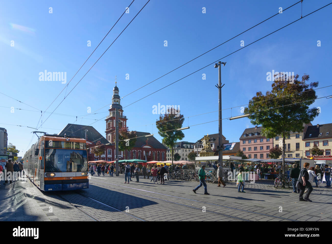Market Square with Old Town Hall and Church of St. Sebastian and tram ...