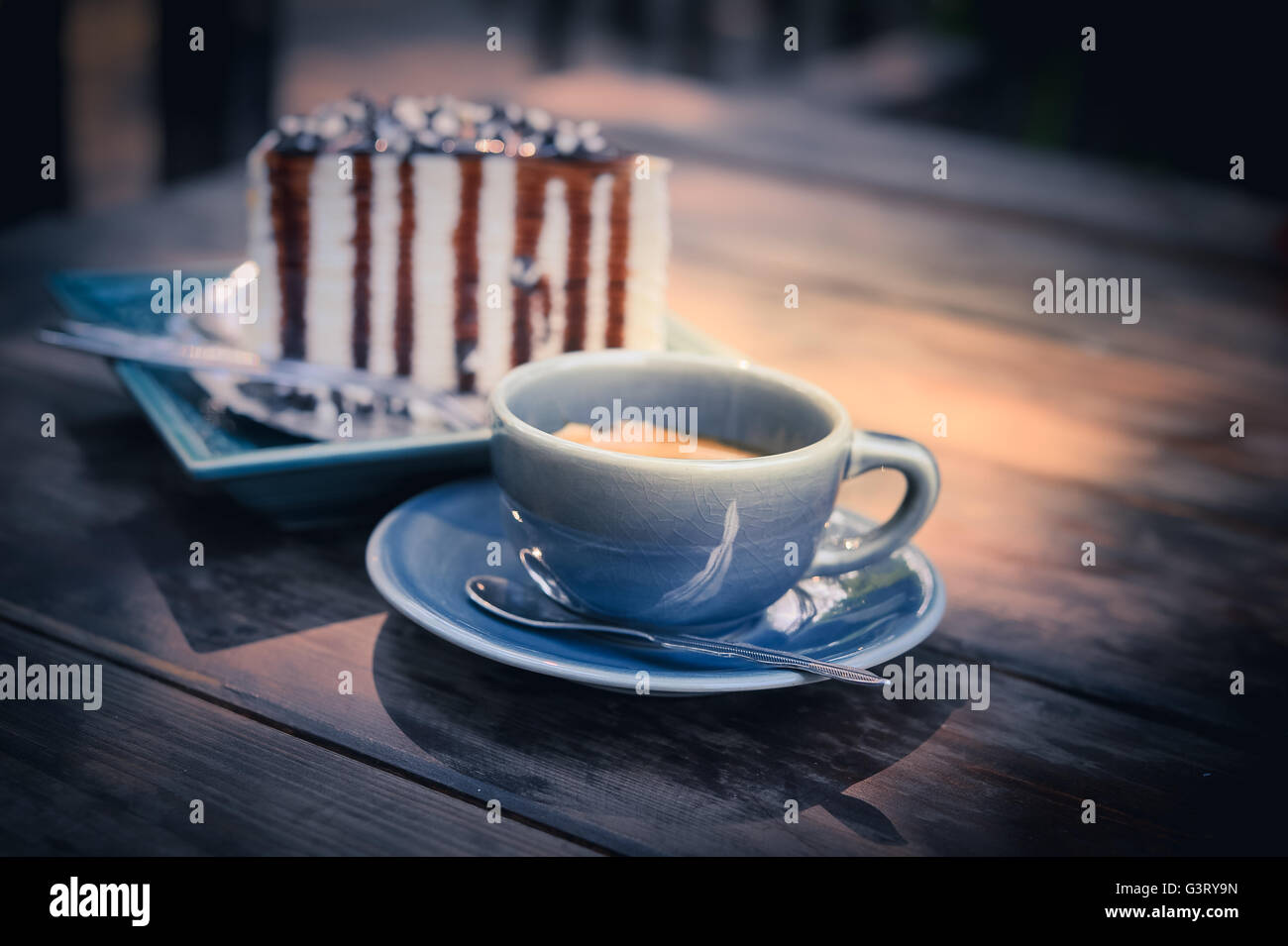 picture of cake and coffee on wood table Stock Photo - Alamy