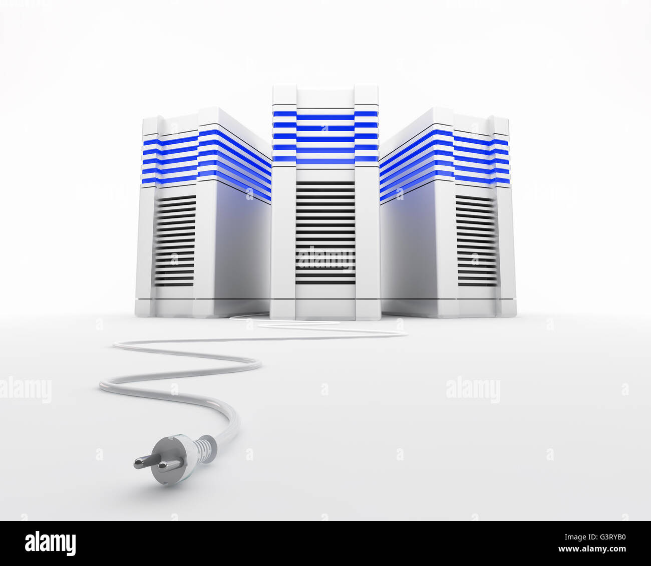 Data storage concept. Three network servers with a plug Stock Photo - Alamy