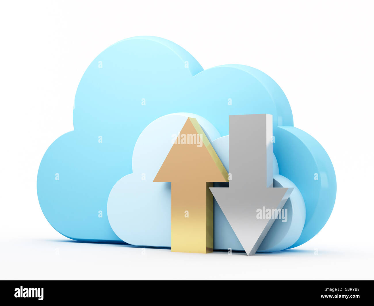 Data sharing with cloud computing technology. Uploading and downloading arrows with blue cloud ...