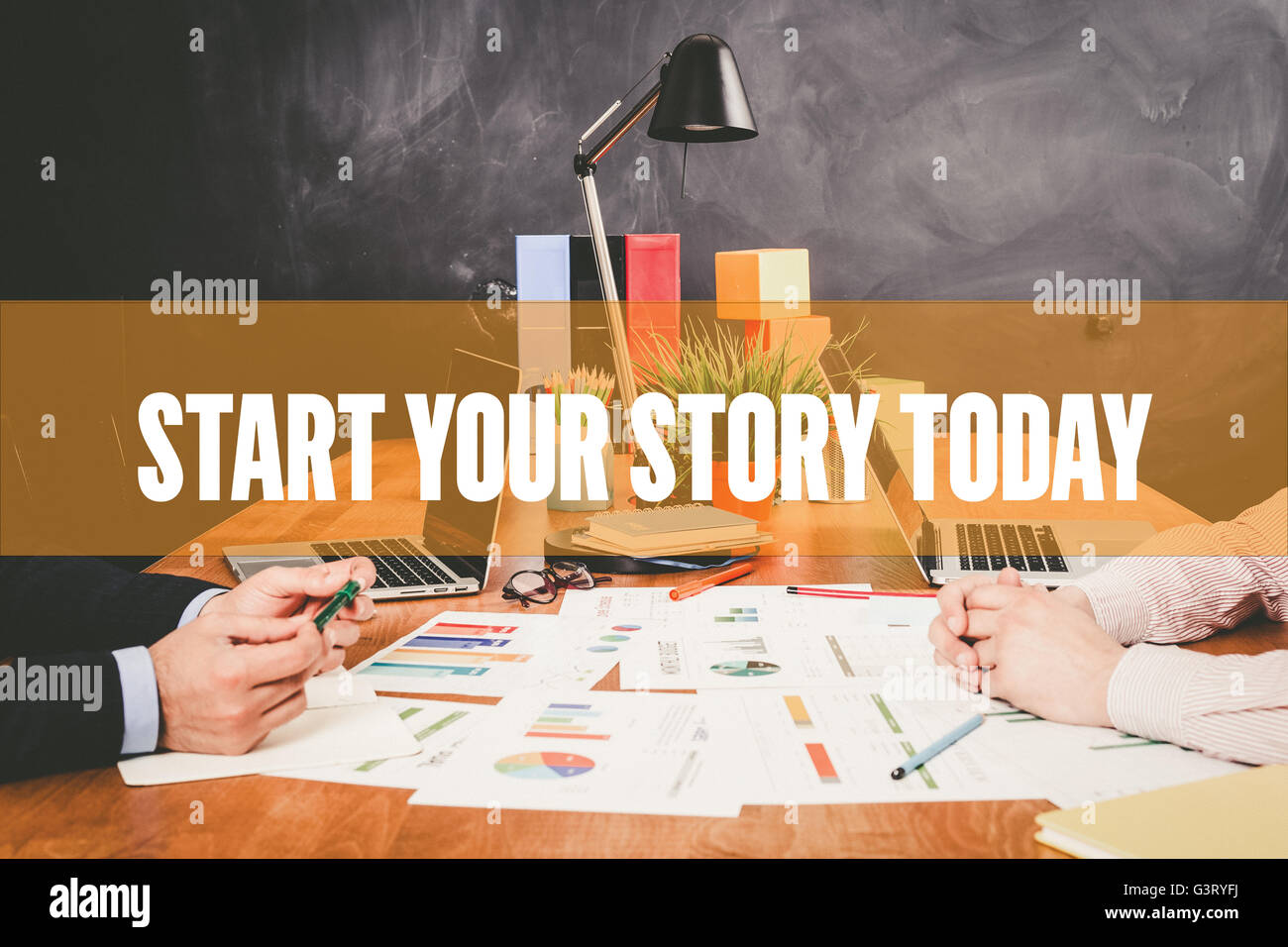 Two Businessman Start Your Story Today working in an office Stock Photo ...
