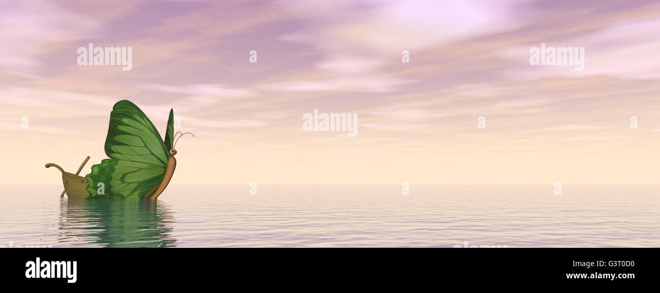 Cute butterfly boat on the water by brown sunset sky - 3D render Stock ...
