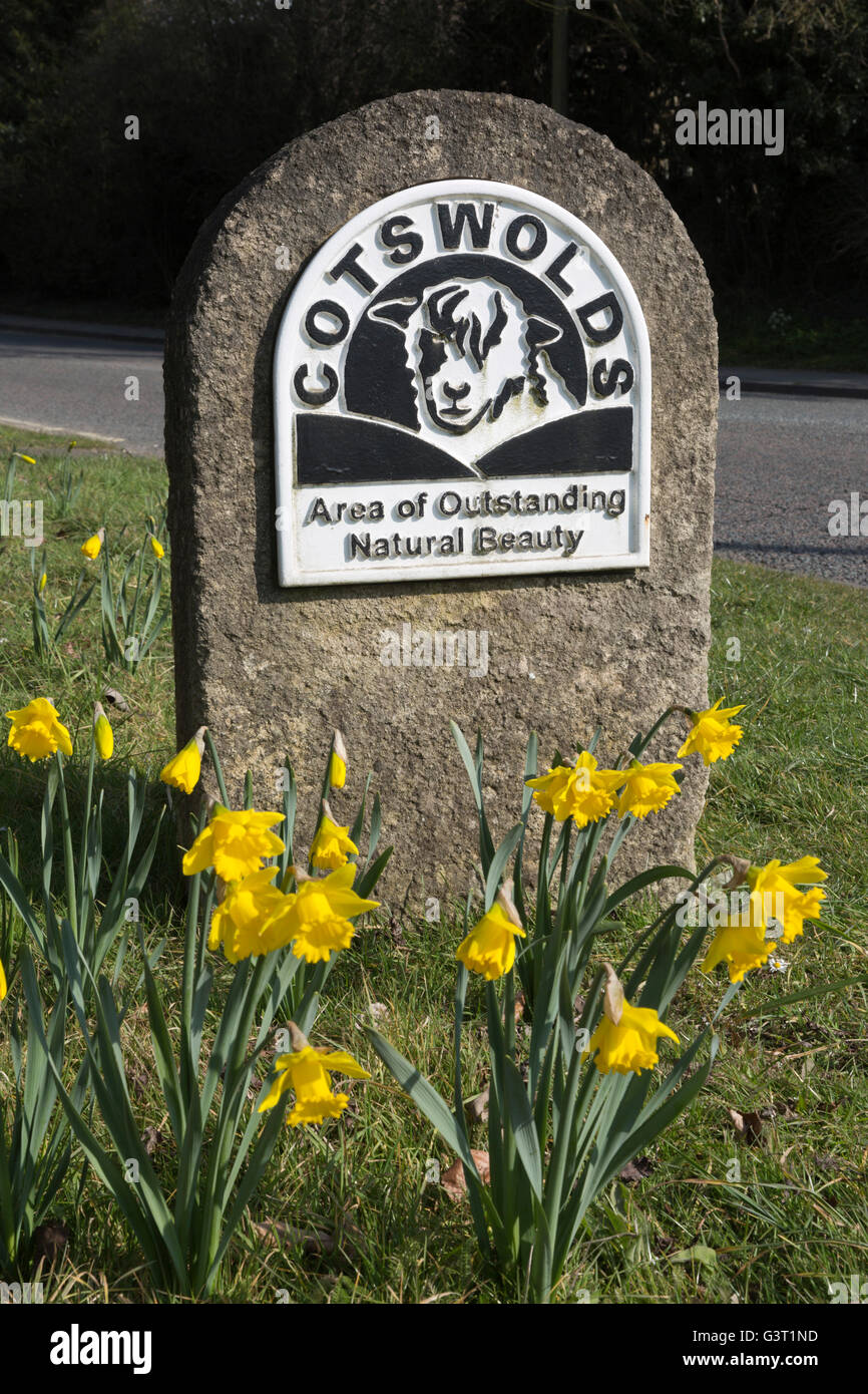 Cotswolds sign and Daffodils, Burford, Cotswolds, Oxfordshire, England ...