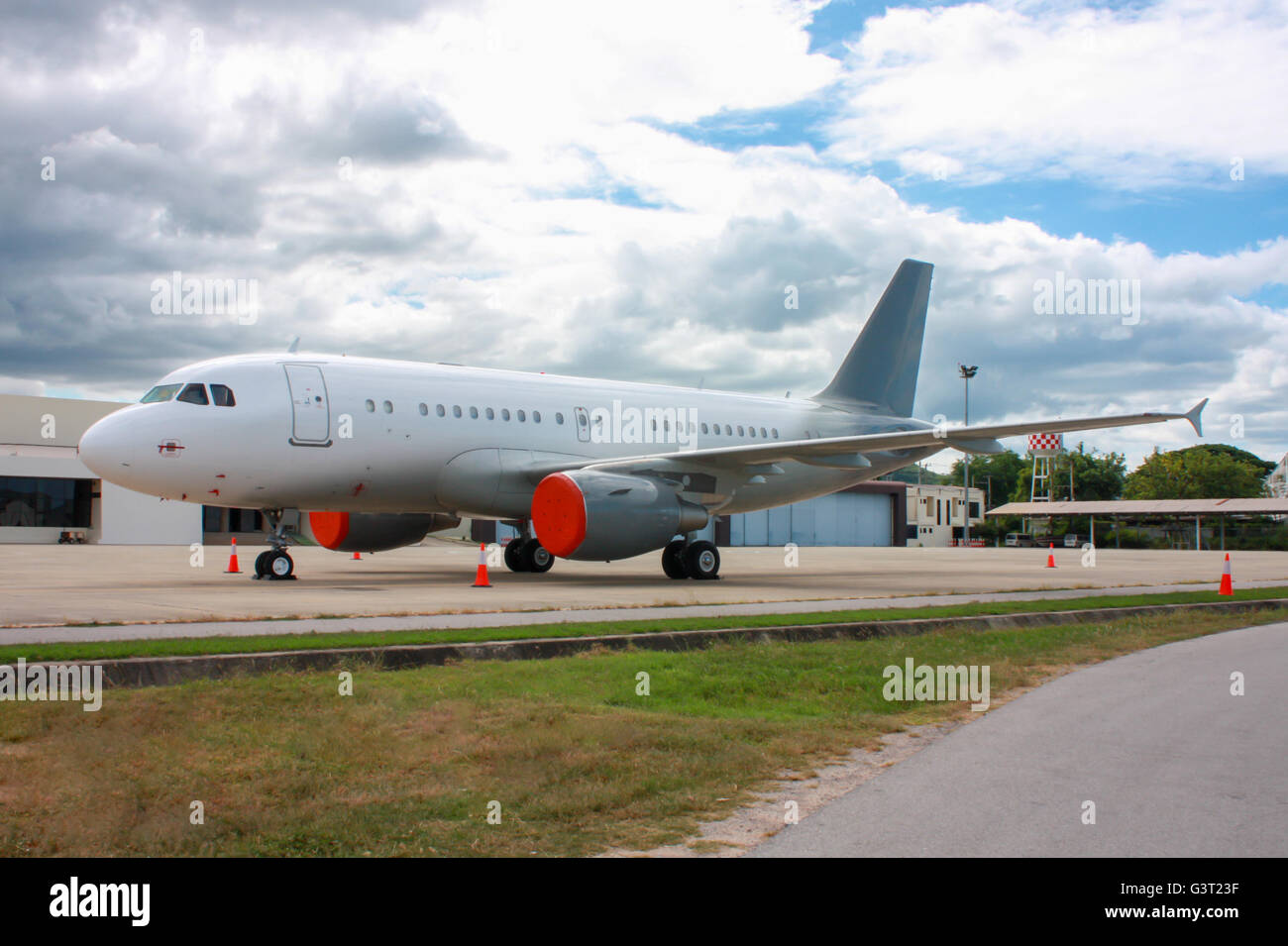 two jet engines plane park at airport with sky and cloud background ...
