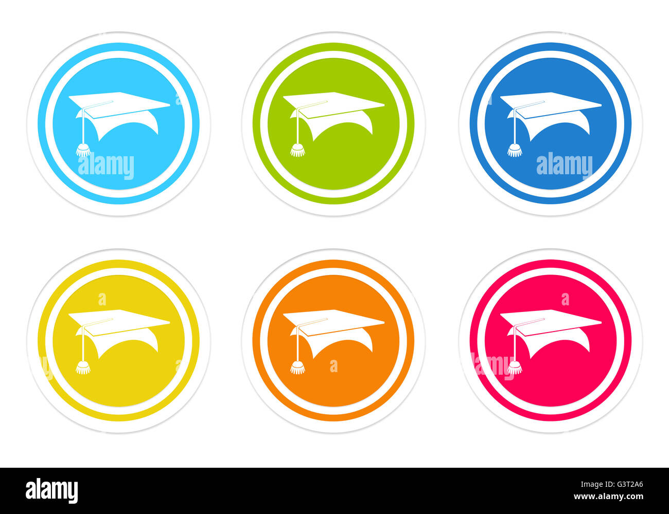 Set of rounded colorful icons with graduation symbol in blue, green ...