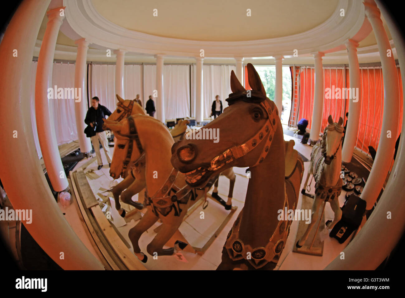 Hanau, Germany. 14th June, 2016. The freshly restored carousel horses ...