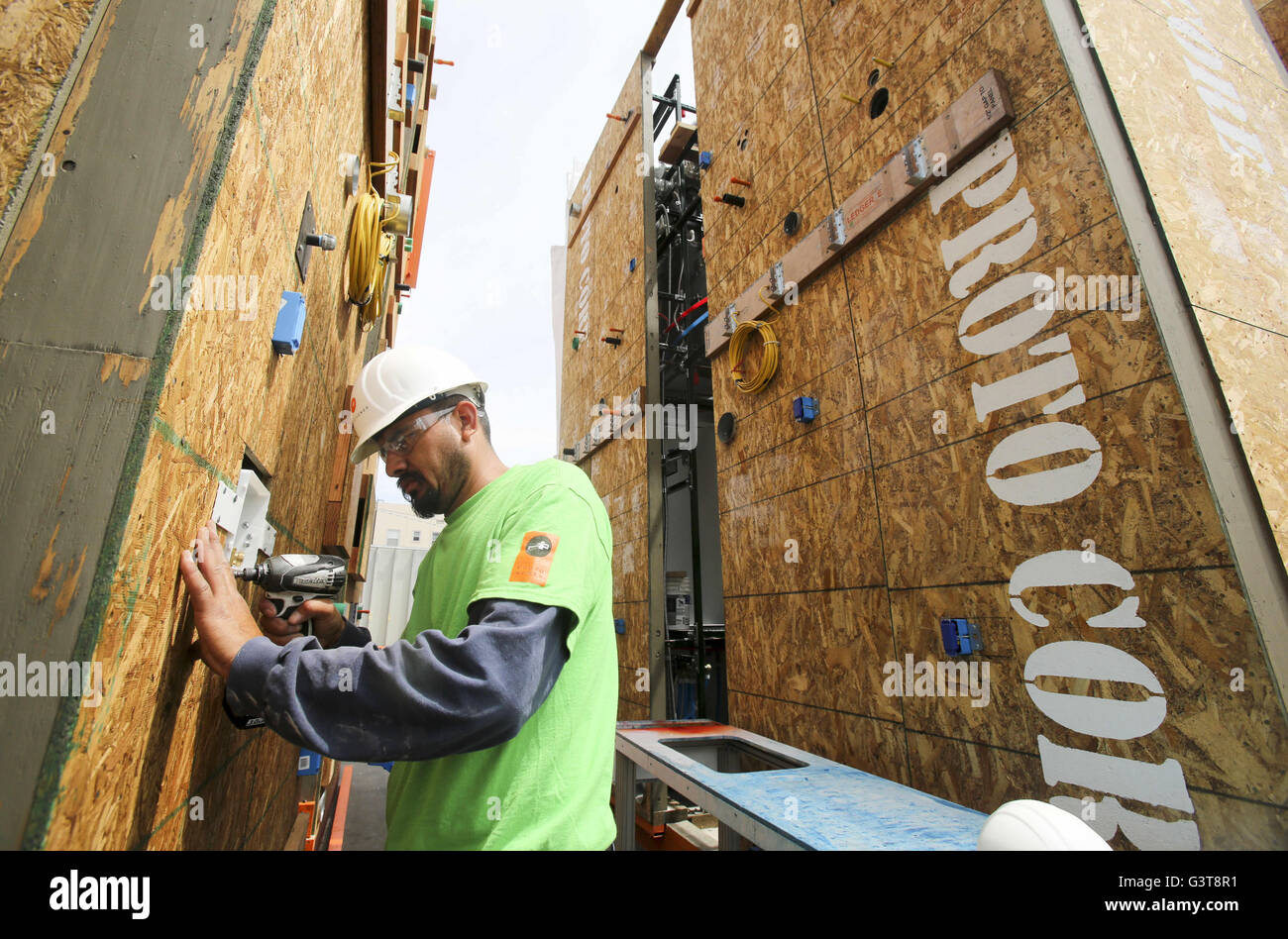 Los Angeles, California, USA. 3rd May, 2016. Worker of Proto Homes in ...