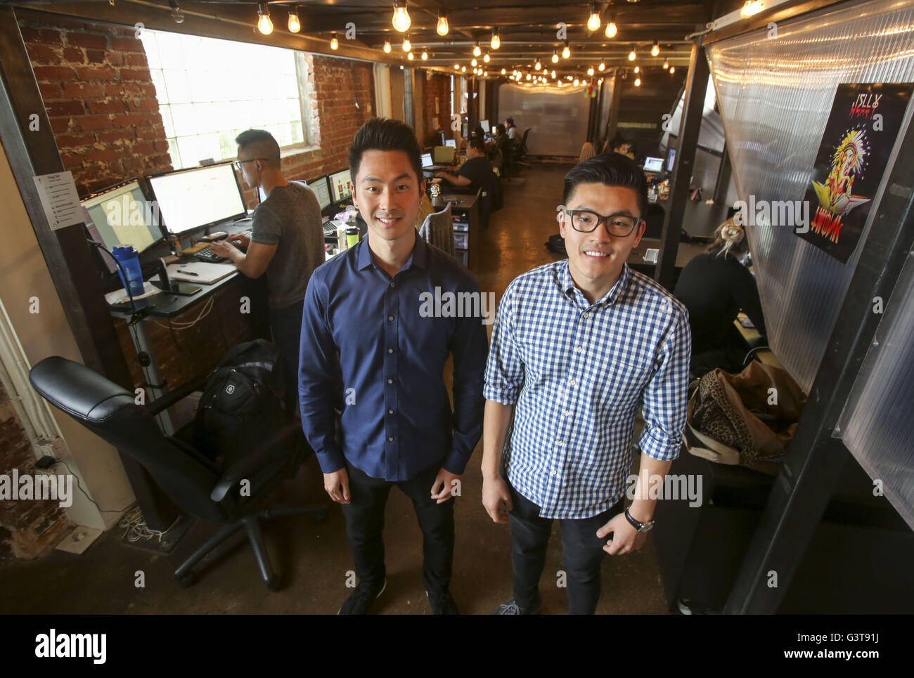 Los Angeles, California, USA. 17th May, 2016. Mike Zhang, right, and Andrew Tsai, co-founders of ...