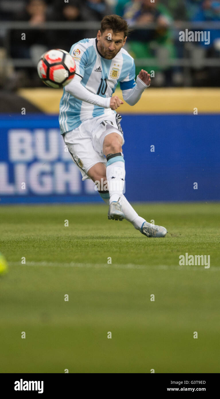 Seattle, USA. 14th June, 2016. Lionel Messi of Argentina shoots during ...