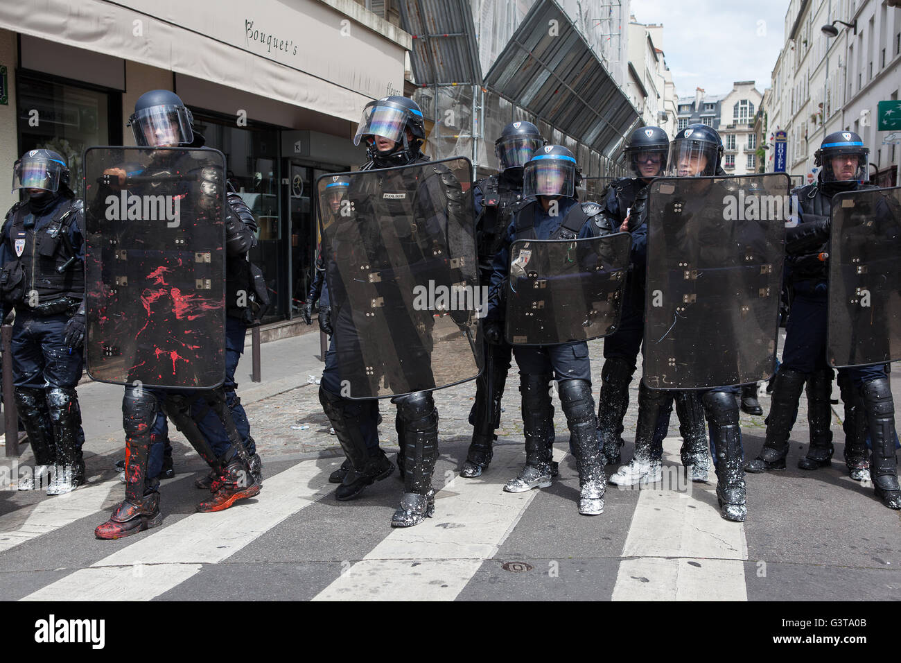 Paris, France, 14 June 2016, police block exit routes at the labour law ...