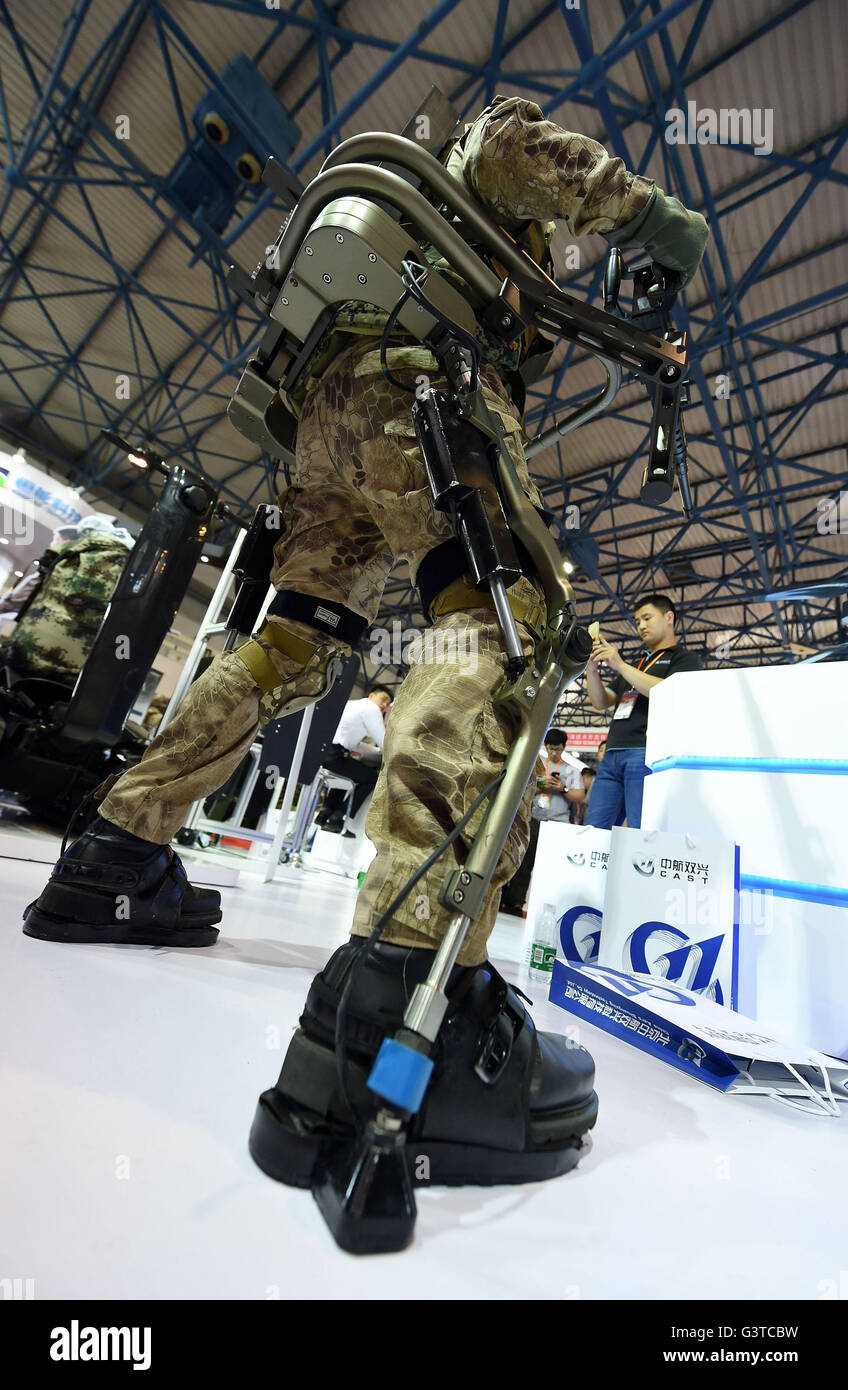 Beijing, China. 15th June, 2016. A model displays domestic robotic leg ...
