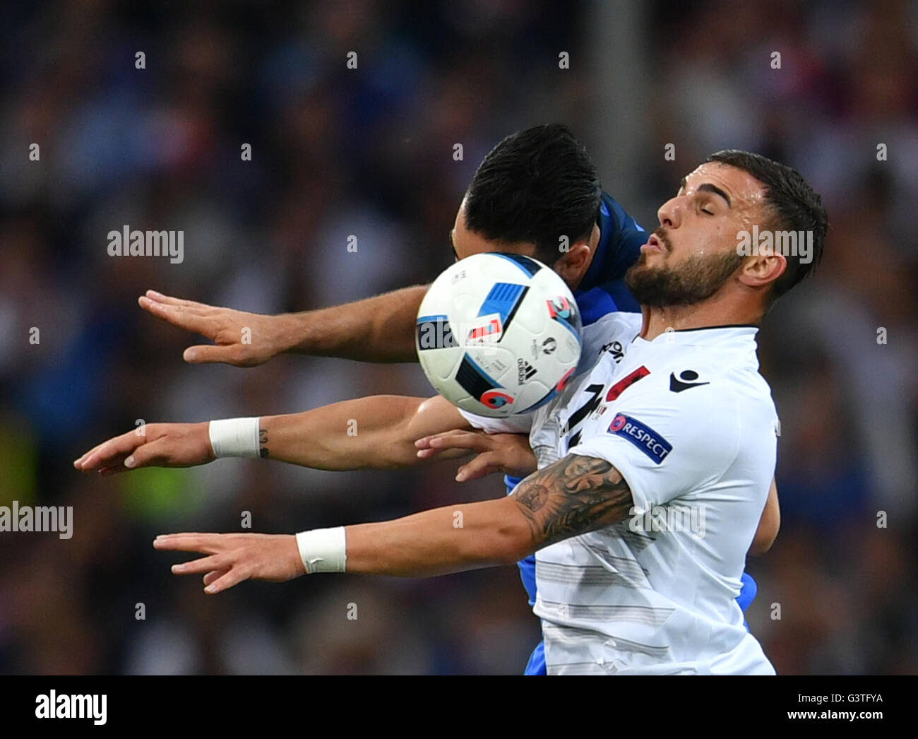 Marseille, France. 15th June, 2016. Armando Sadiku (R) of Albania ...