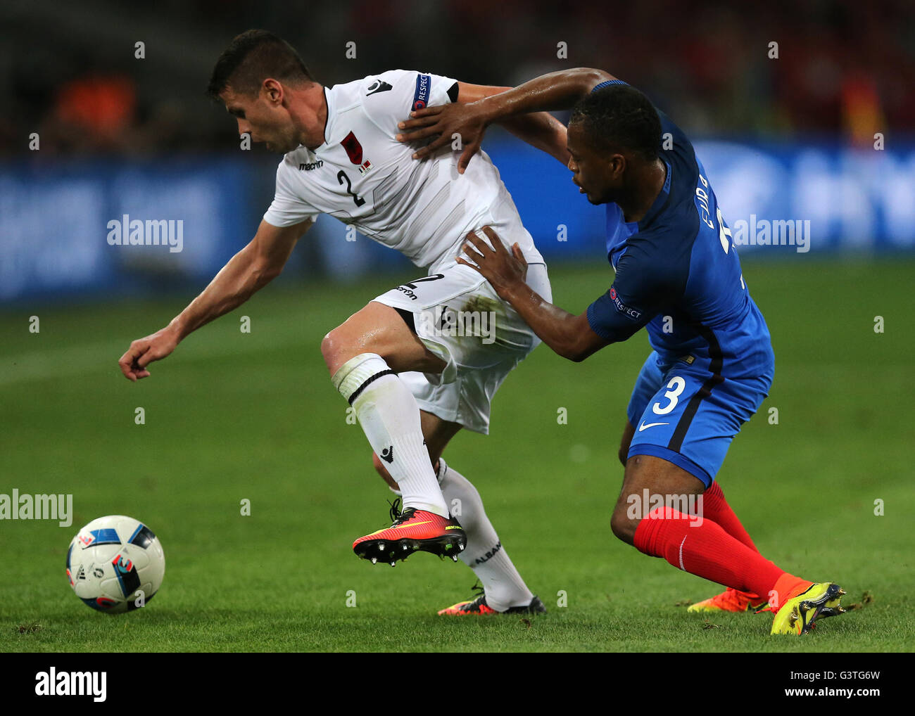 Marseille, France. 15th June, 2016. Patrice Evra (R) of France vies ...