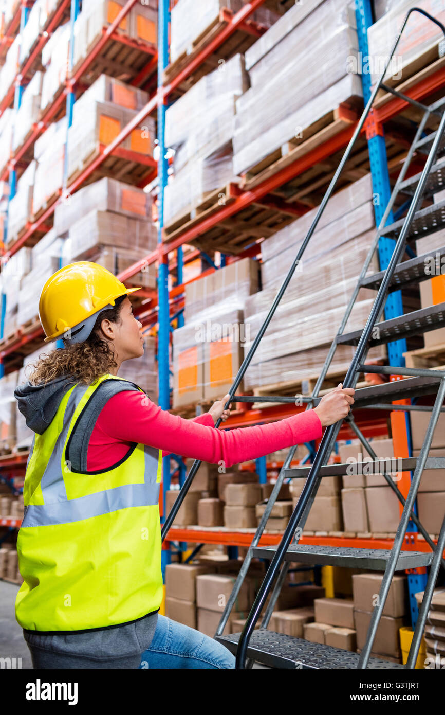 Worker walking up on ladder Stock Photo - Alamy