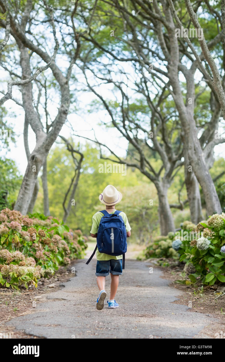 Rear view of little boy walking on path Stock Photo - Alamy