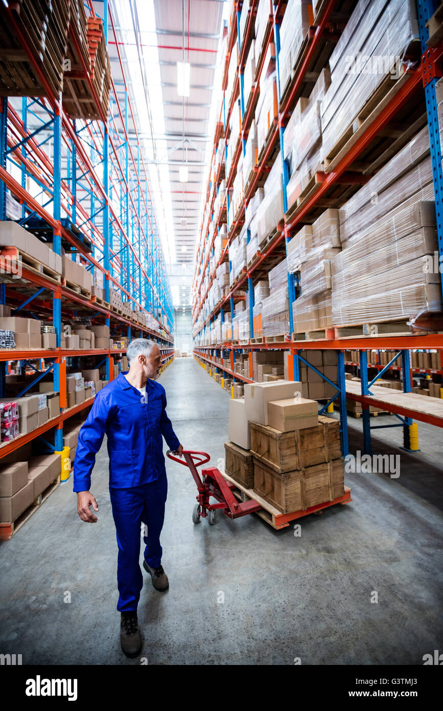 Side view of man worker pulling the pallet truck Stock Photo - Alamy