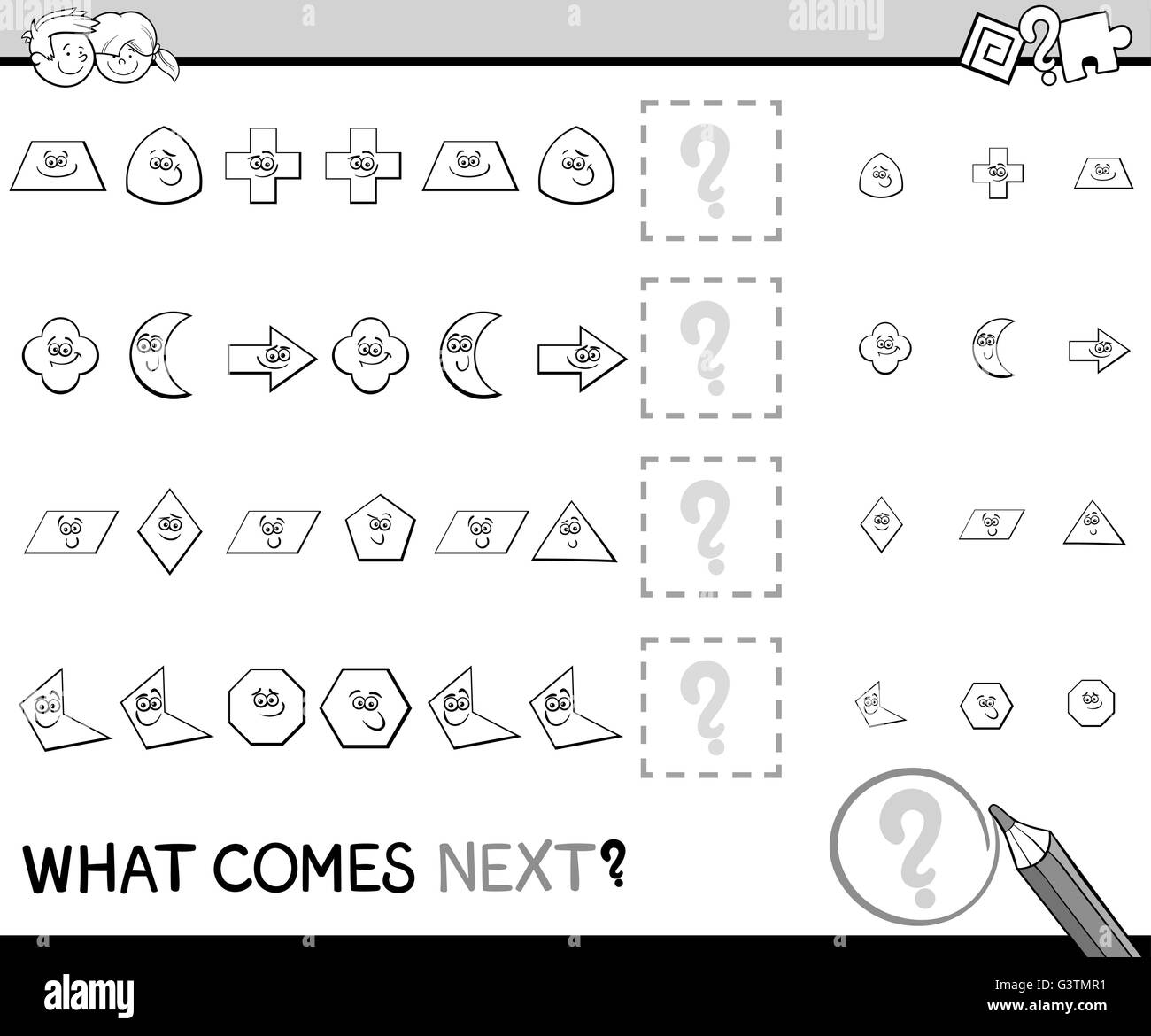 Black and White Cartoon Illustration of Completing the Pattern ...