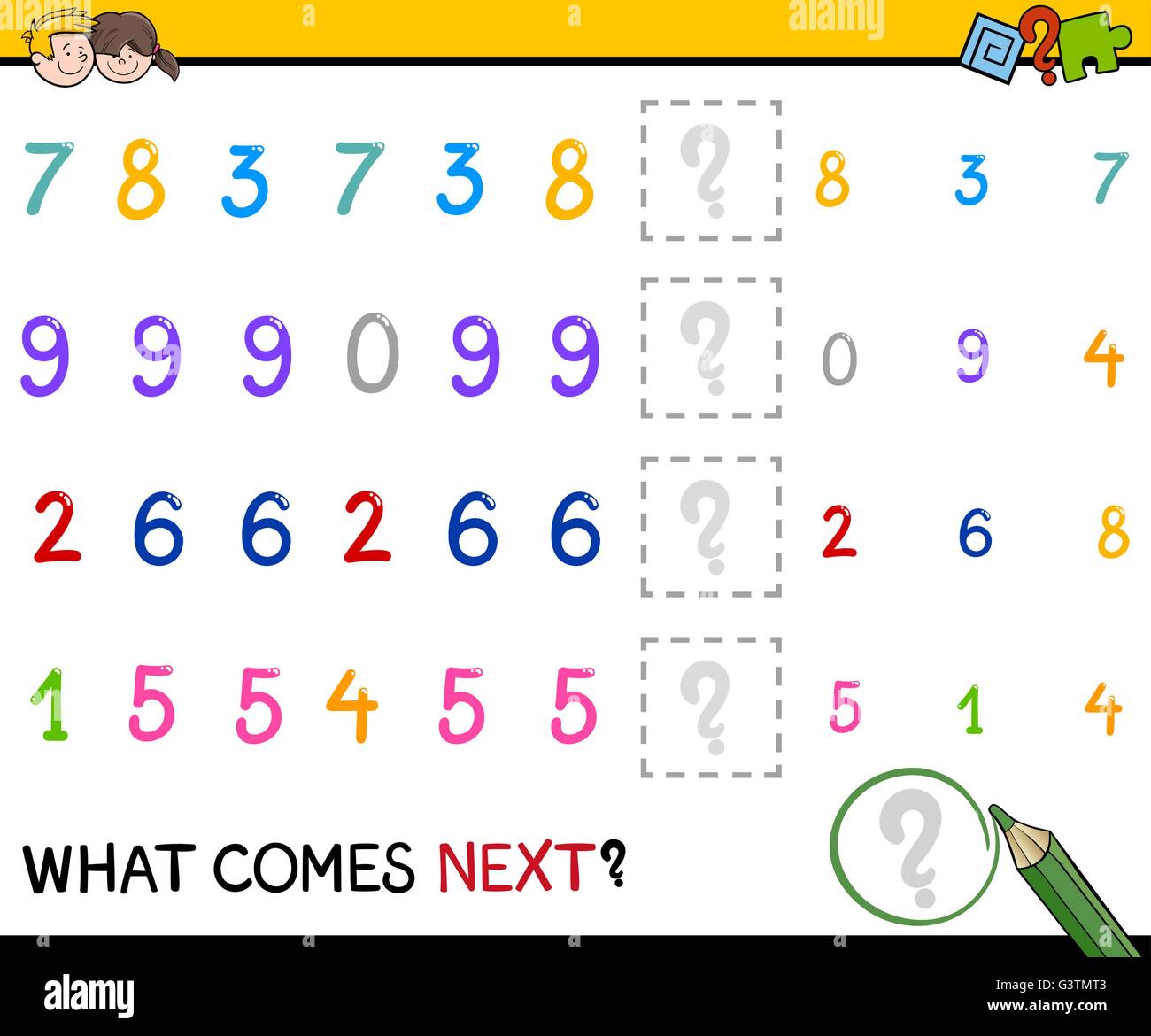 Cartoon Illustration of Completing the Pattern Educational Activity for ...