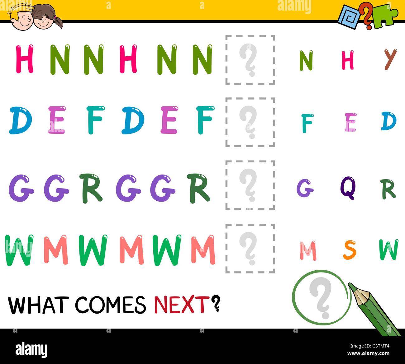 Cartoon Illustration of Completing the Pattern Educational Activity for ...