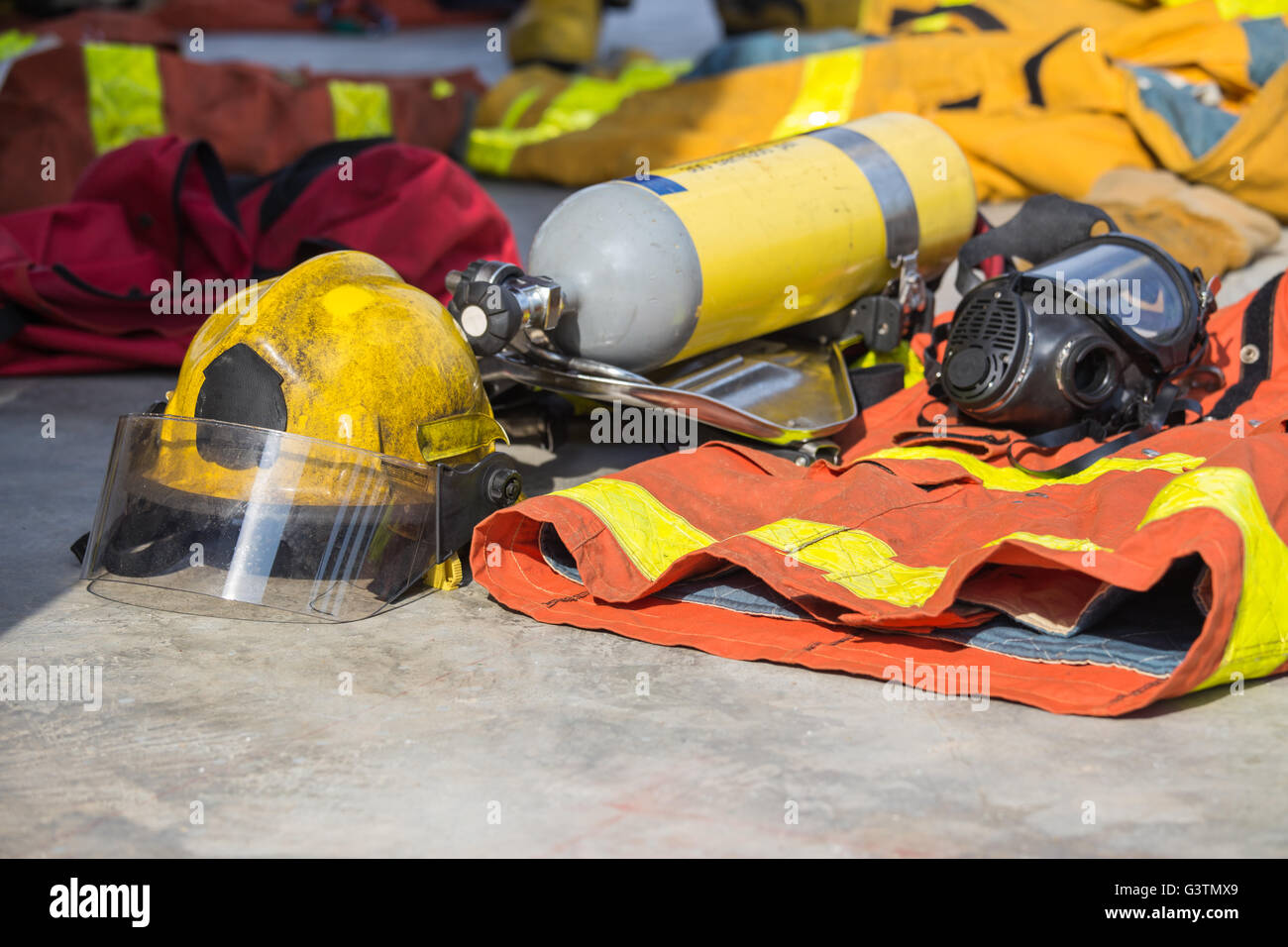 firefighter equipment prepare for operation on floor Stock Photo - Alamy