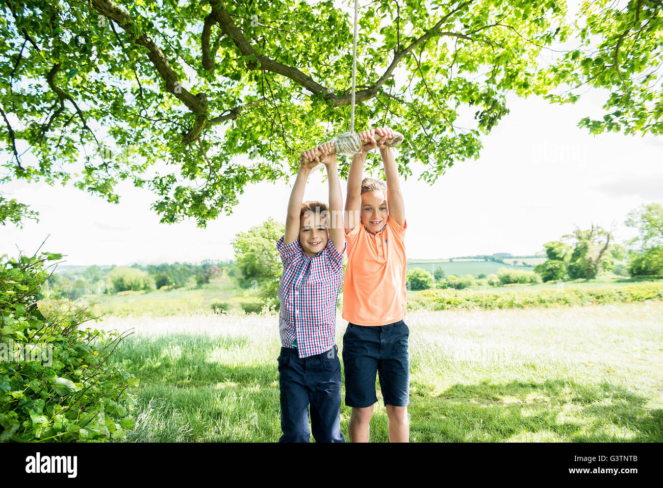 Two boys playing on a swing in the countryside Stock Photo - Alamy