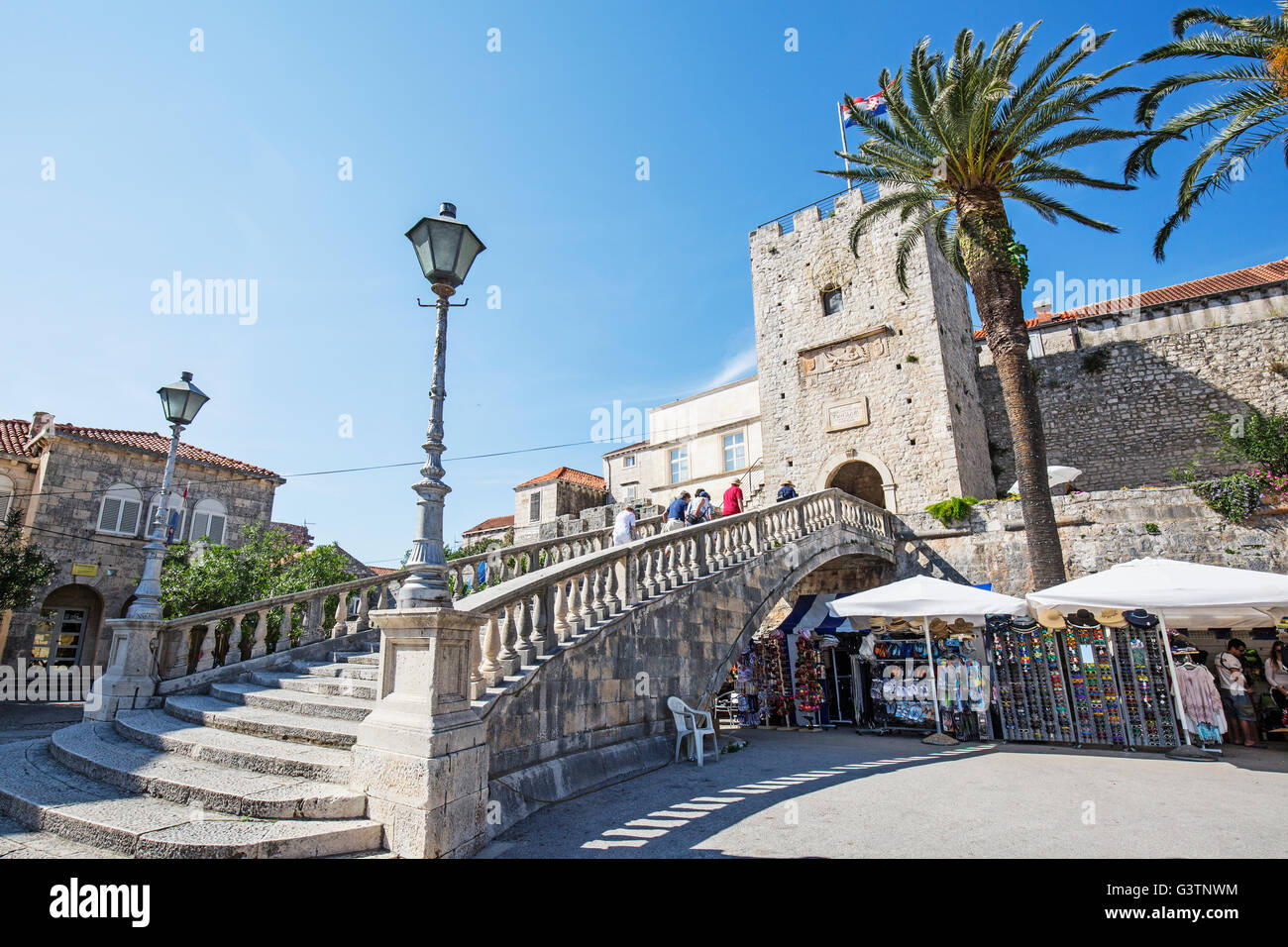 Medieval steps leading into the walled inner city of Korcula village in ...
