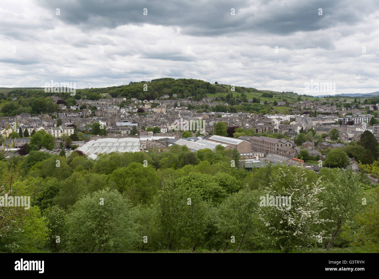 Town of Kendal, England. Elevated view of Kendal, viewed from Kendal ...