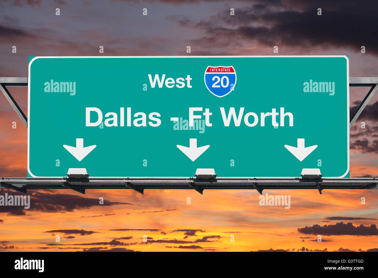 Dallas Ft Worth Interstate 20 west highway sign with sunrise sky Stock ...