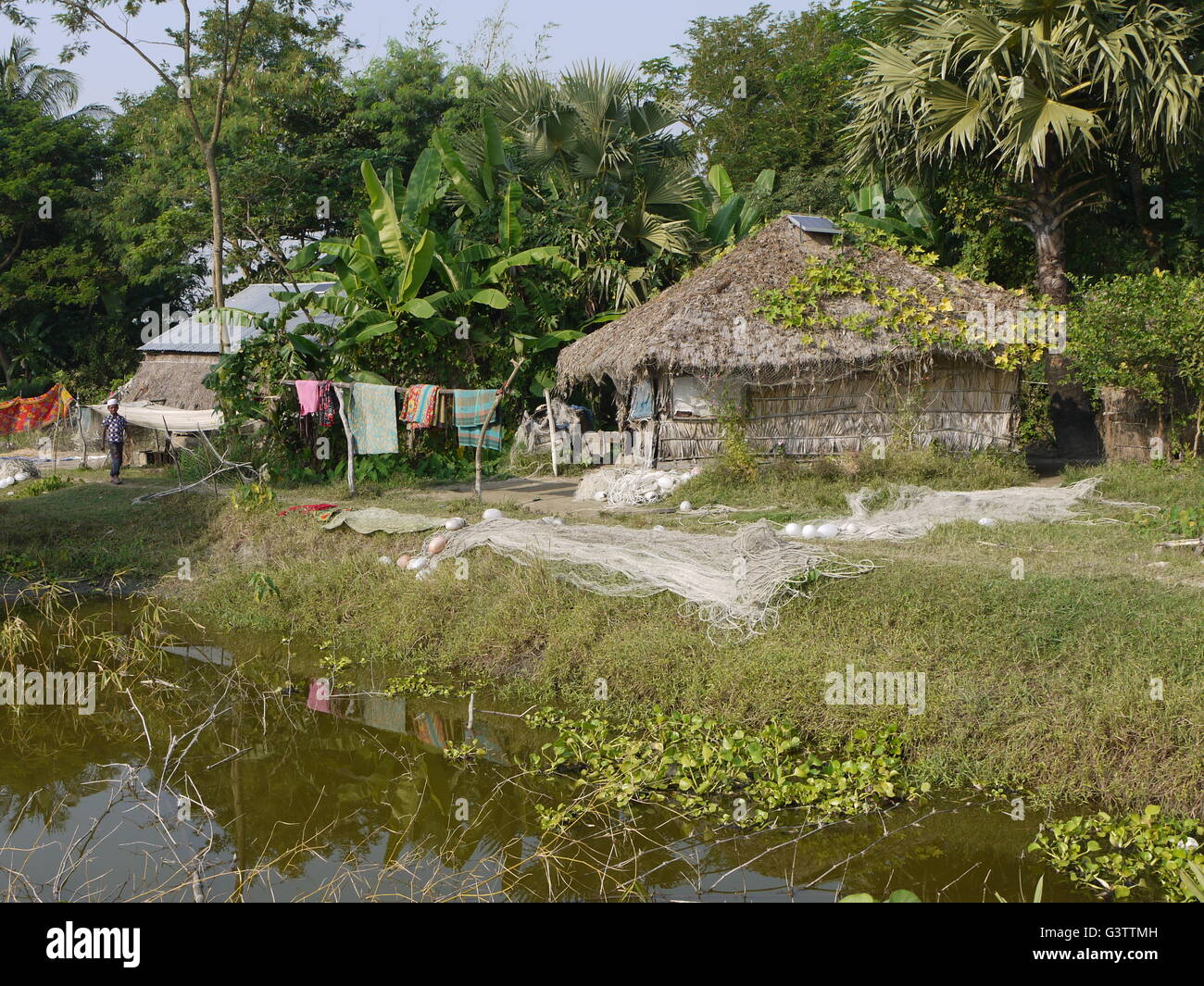 Poor house in south of Bangladesh is equiped by a solar panel on the ...