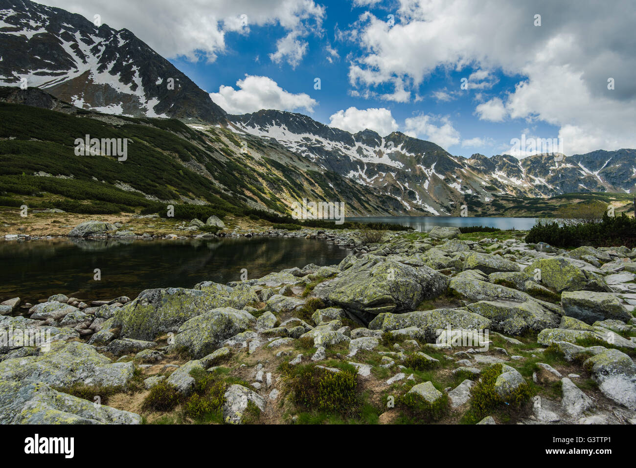 Five Lakes Valley in Tatra mountains Poland, summer time with some snow ...