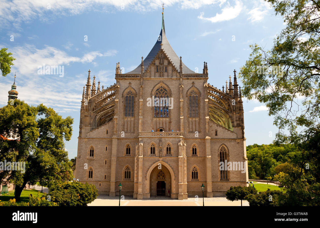 View of St. Barbara's Church and its flying buttresses in Kutna Hora ...