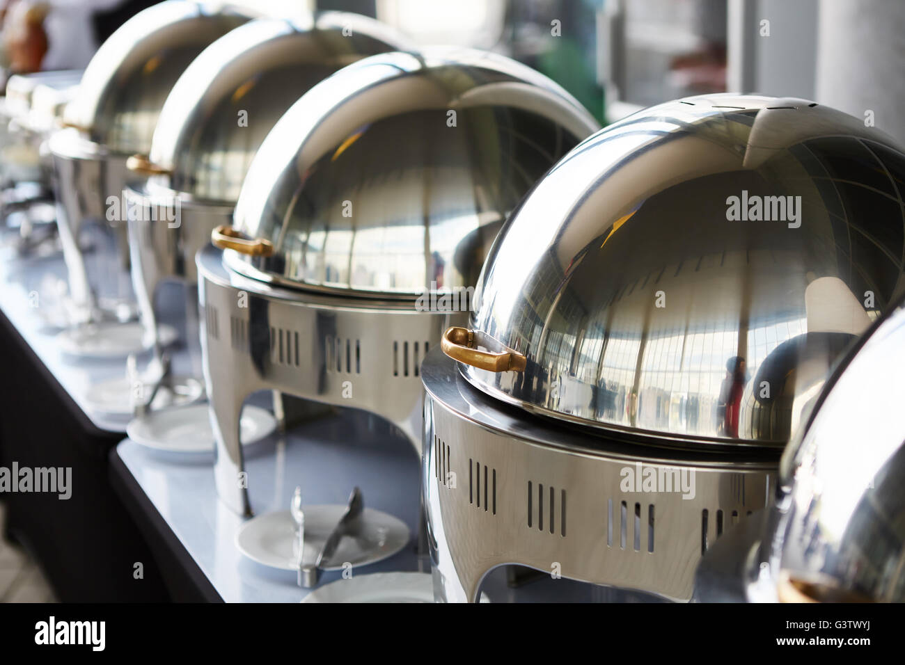 The buffet Table with Row of Food Service Steam Pans Stock Photo - Alamy