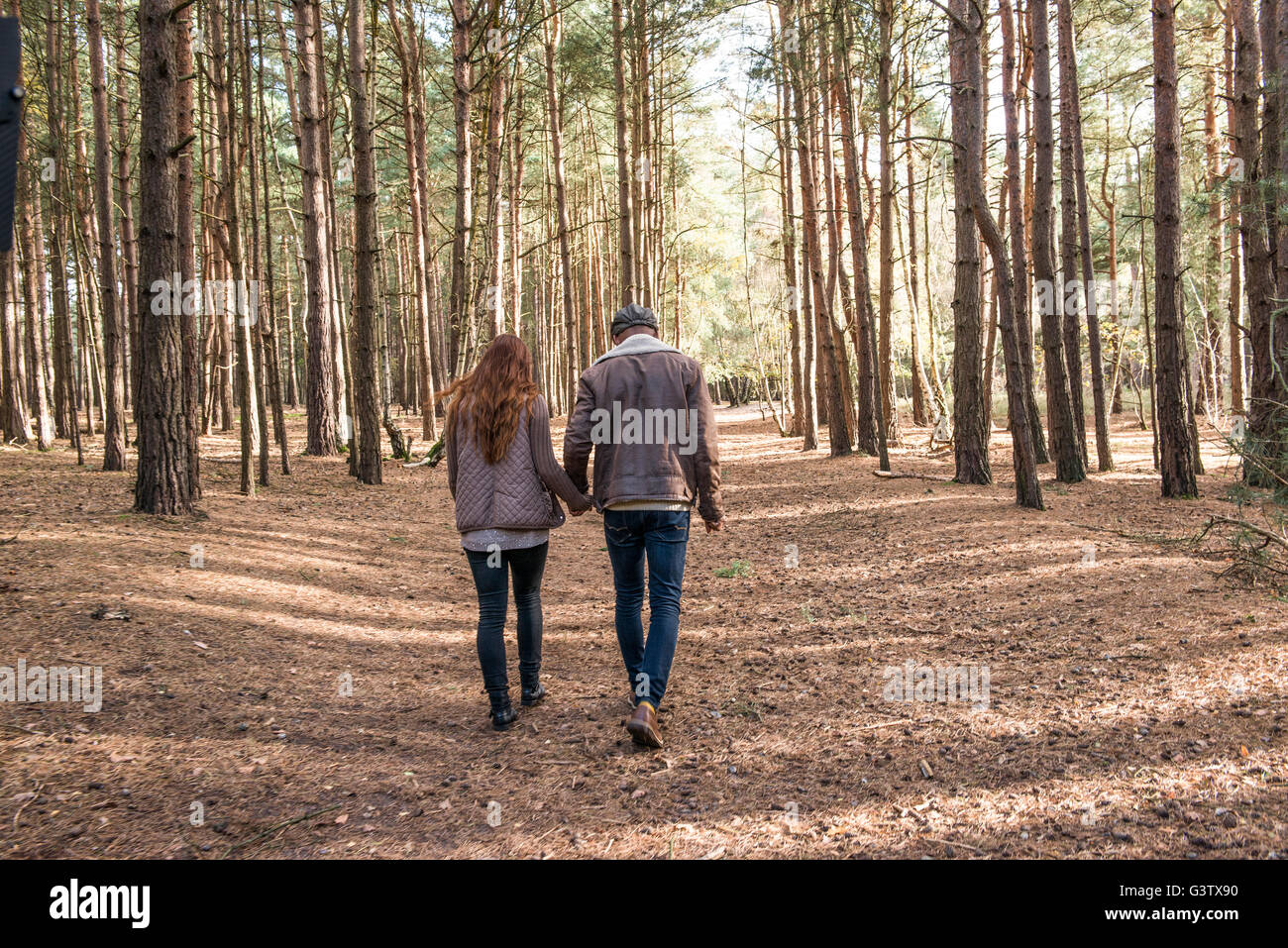 A young couple enjoying a forest walk in Autumn Stock Photo - Alamy