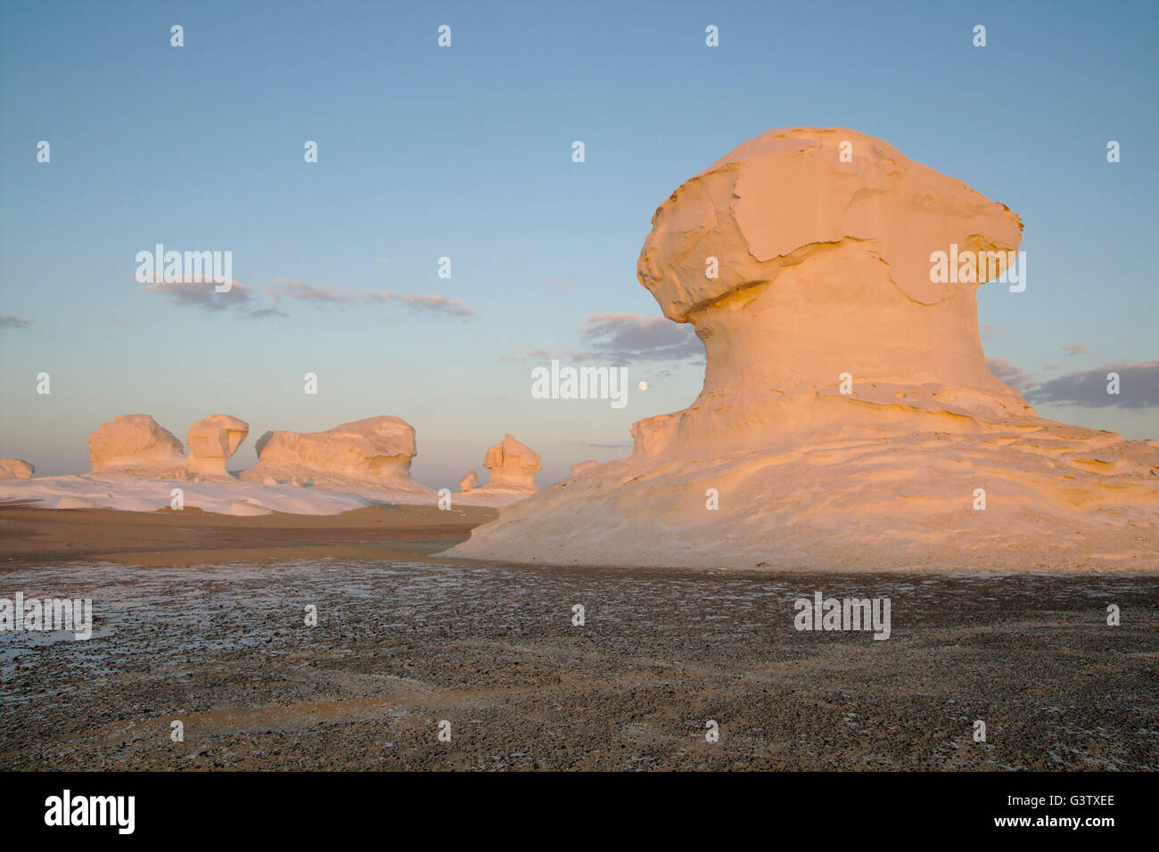 rock formation in the White Desert, evening light with full moon, Egypt ...
