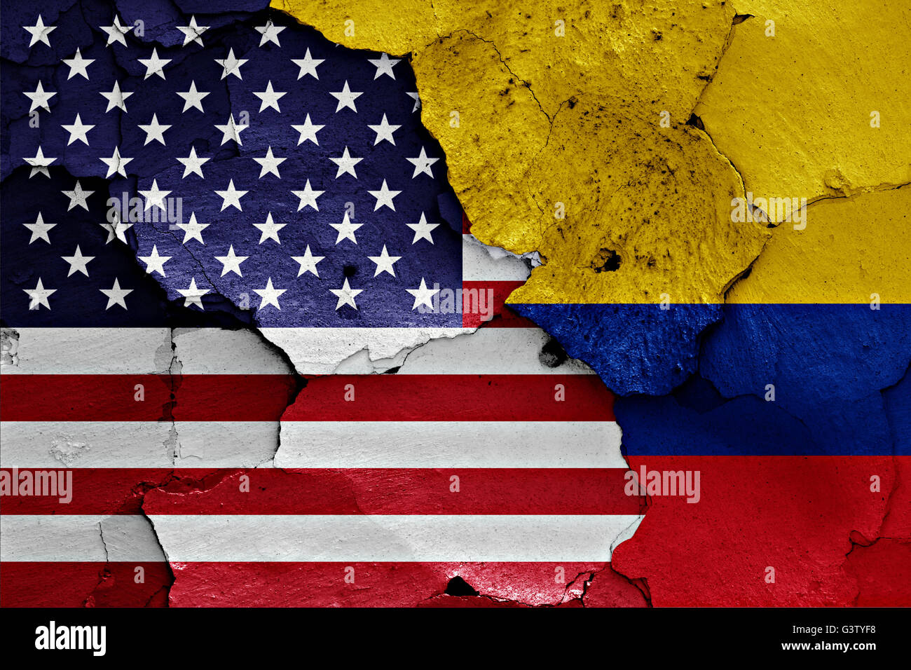 flags of USA and Colombia painted on brick wall Stock Photo - Alamy
