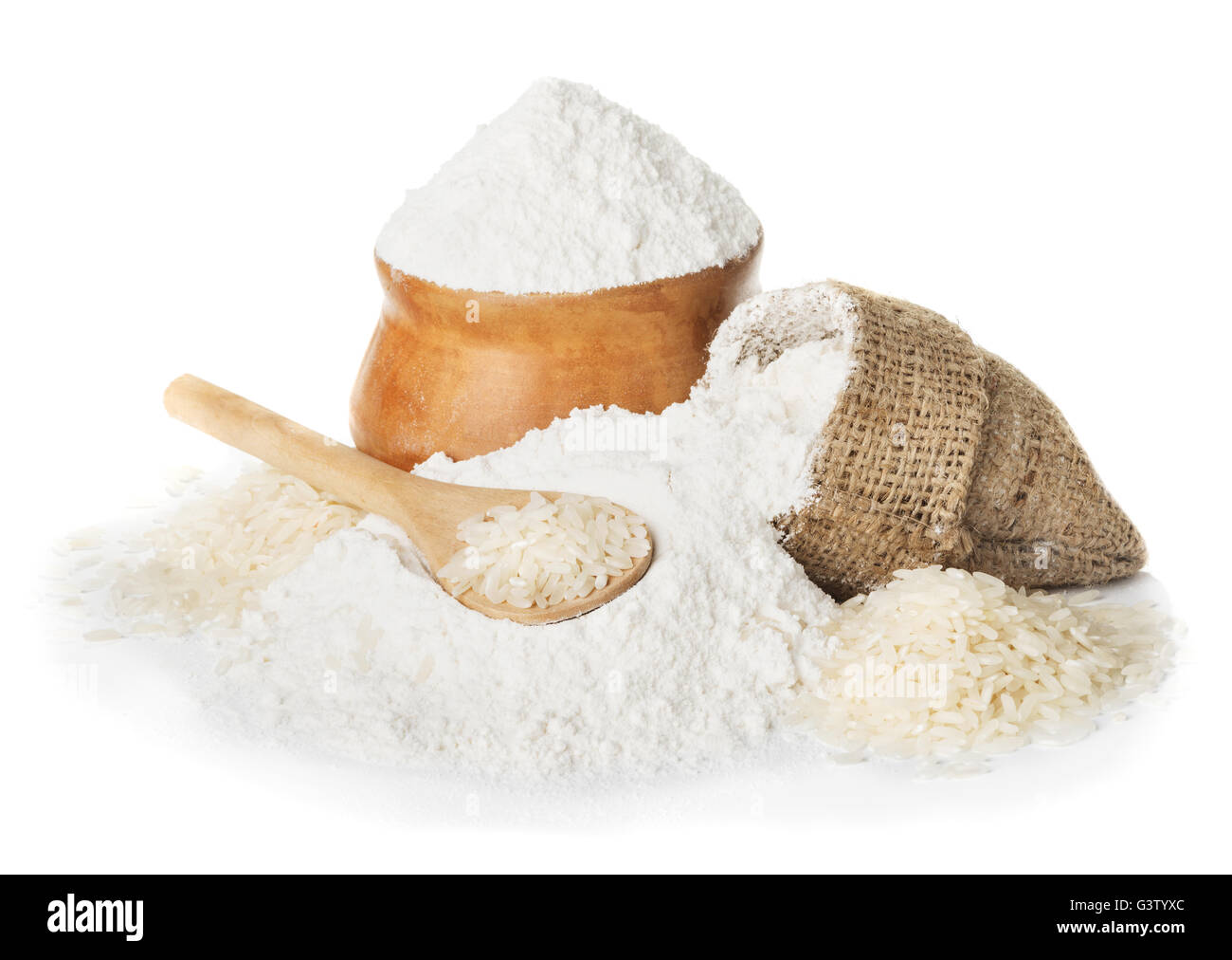 Rice flour and rice in bowl isolated on a white background closeup ...