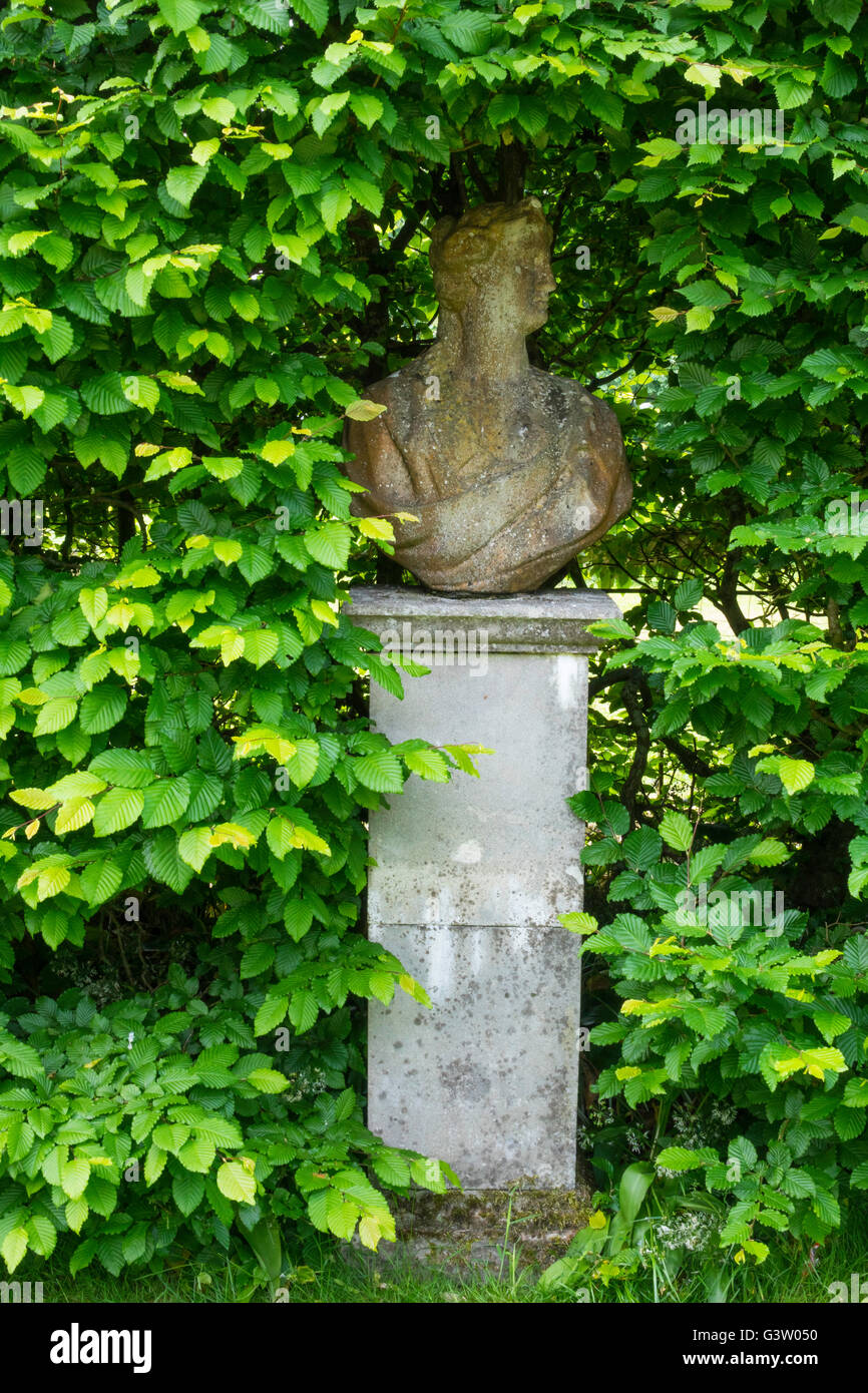 A stone bust on a plinth in a beech hedge Summer Garden Holker Hall ...