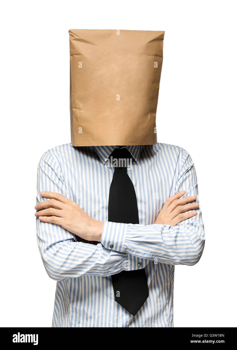 young man covering his head using a paper bag. Man worries Stock Photo ...