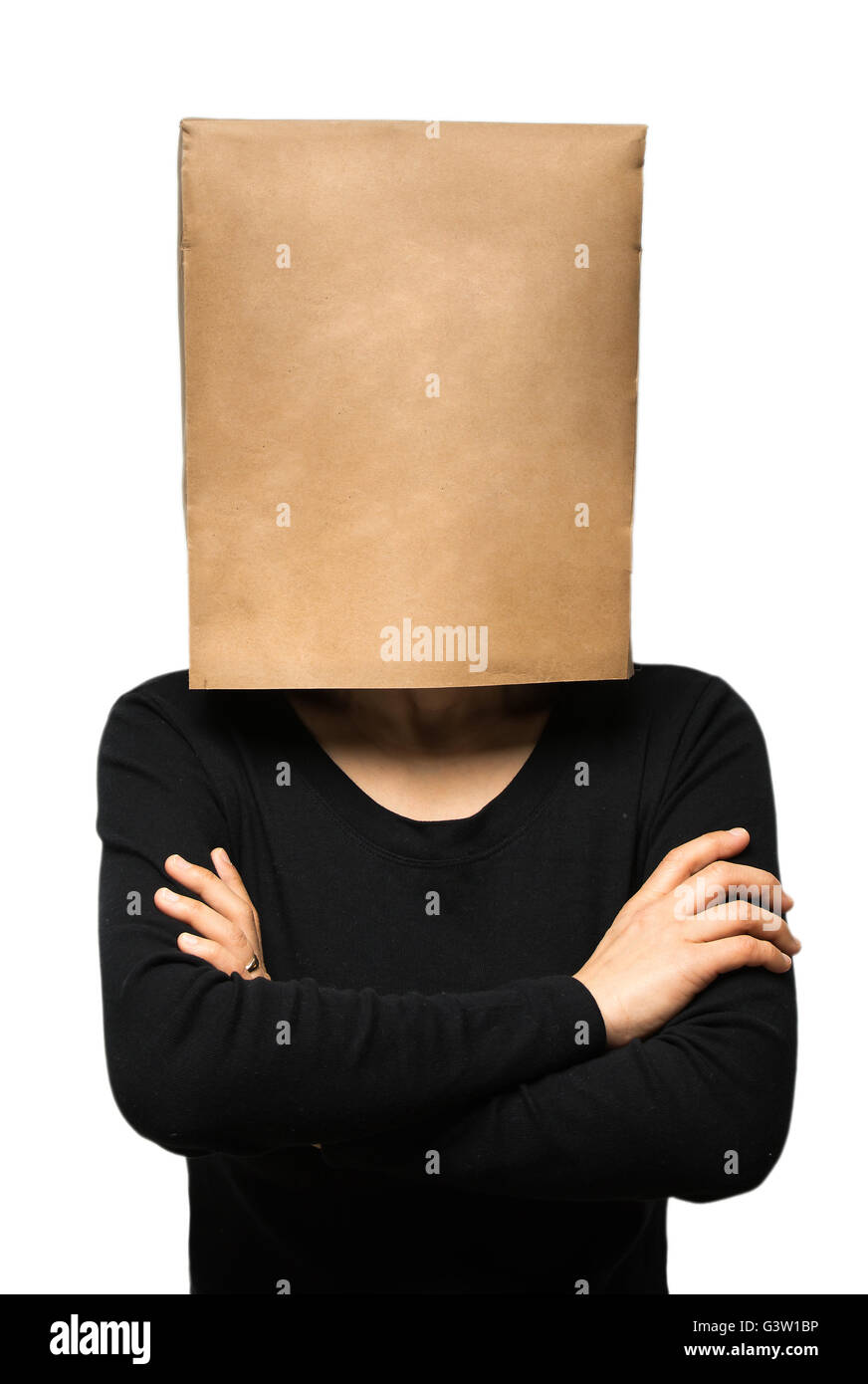 young woman covering his head using a paper bag. arms crossed Stock ...
