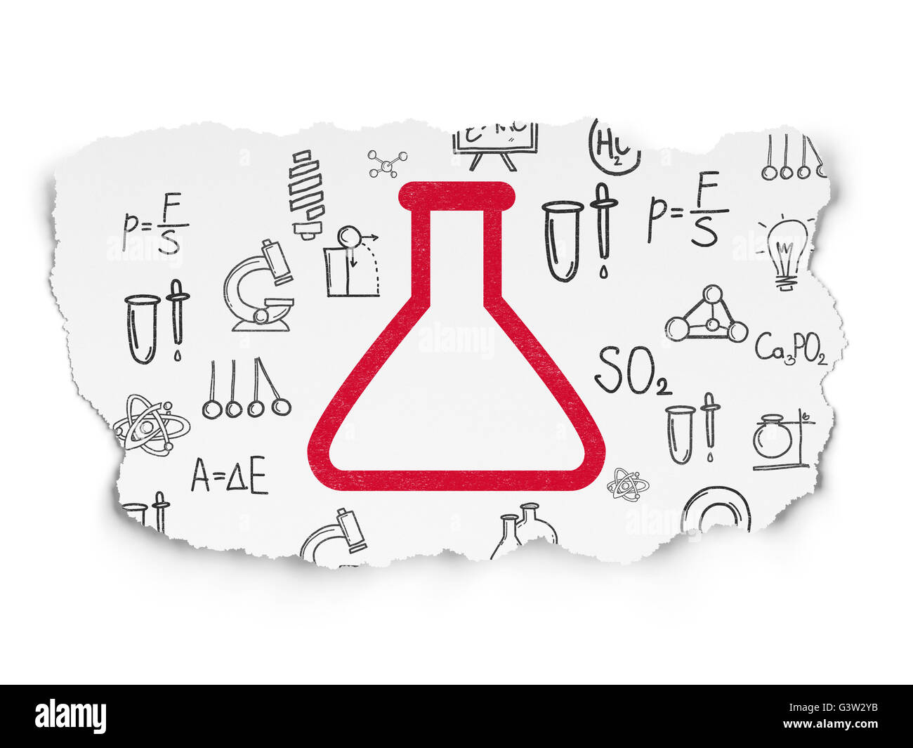 Science concept: Painted red Flask icon on Torn Paper background with ...
