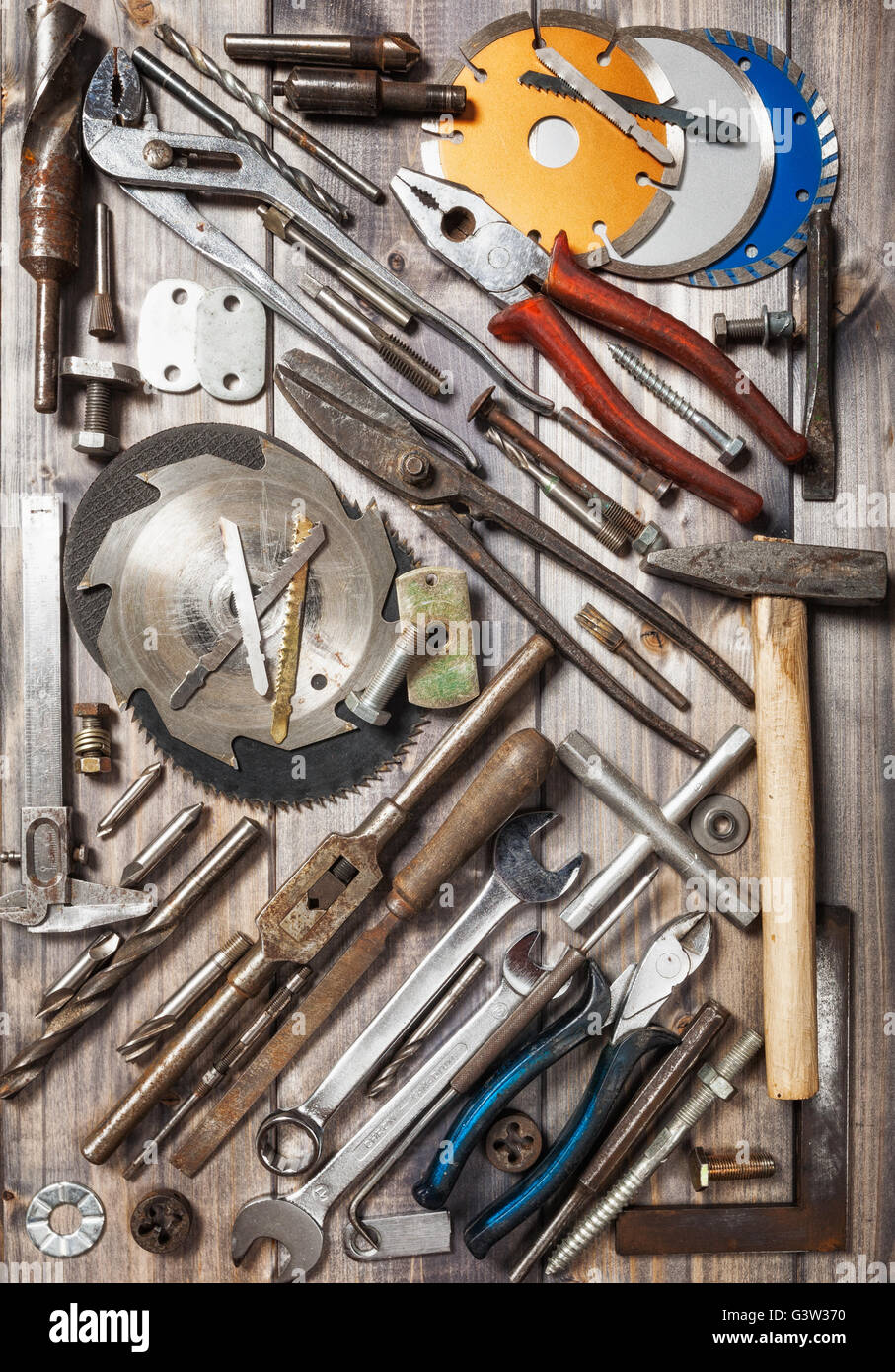 Tool background. Old vintage metal tools collection on wooden workbench ...